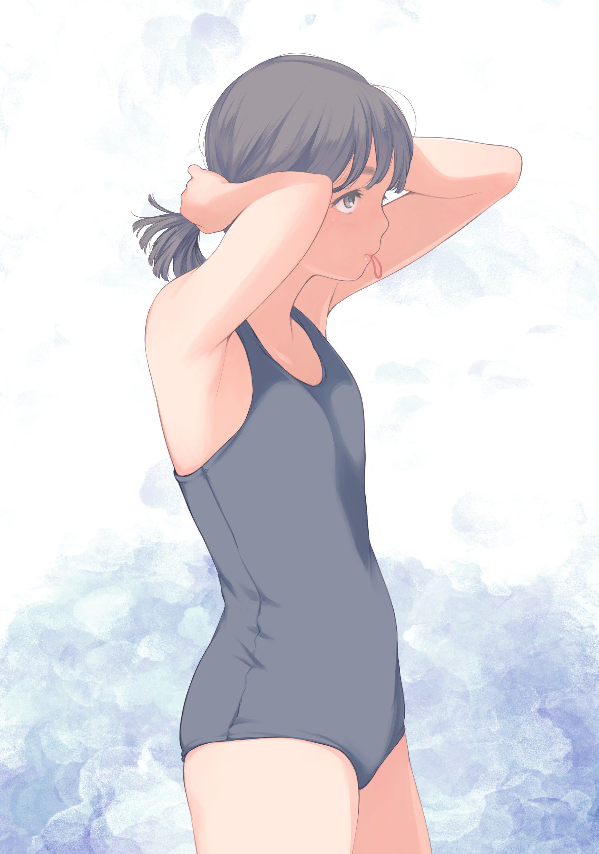 Safebooru - 1girl absurdres adjusting hair black eyes black hair blush bunching hair closed ...